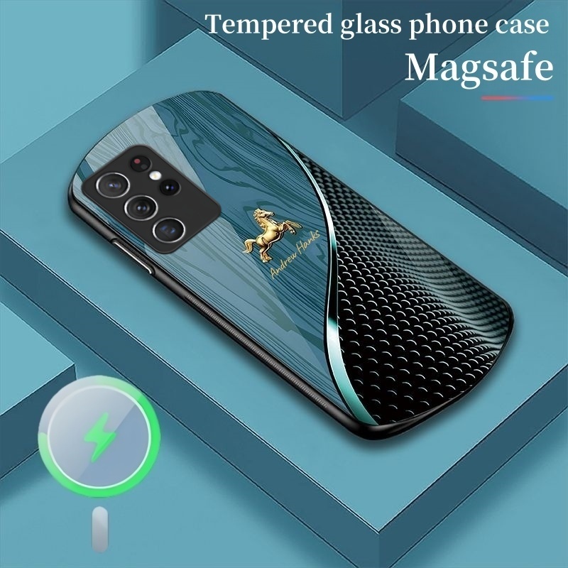 Personalized Golden Horse Wood Grain Magsafe Tempered Glass Case Phone ...