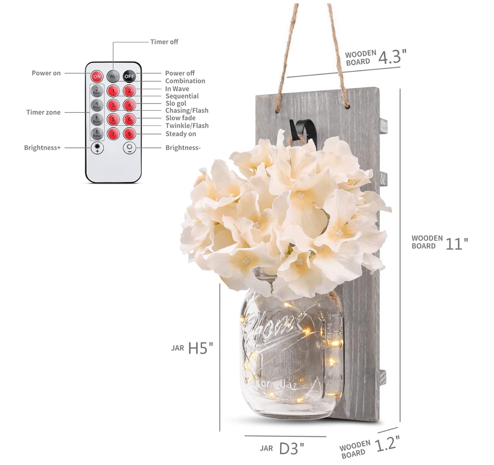 Laimis Rustic Mason Jar Wall Decor with LED Fairy Lights and Flowers ...